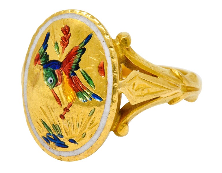 Victorian Enamel 24 Karat Yellow Gold Hummingbird Signet Ring at 1stDibs