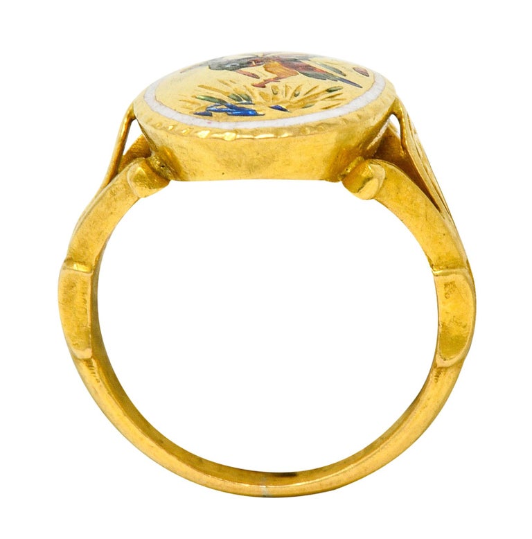 Victorian Enamel 24 Karat Yellow Gold Hummingbird Signet Ring at 1stDibs