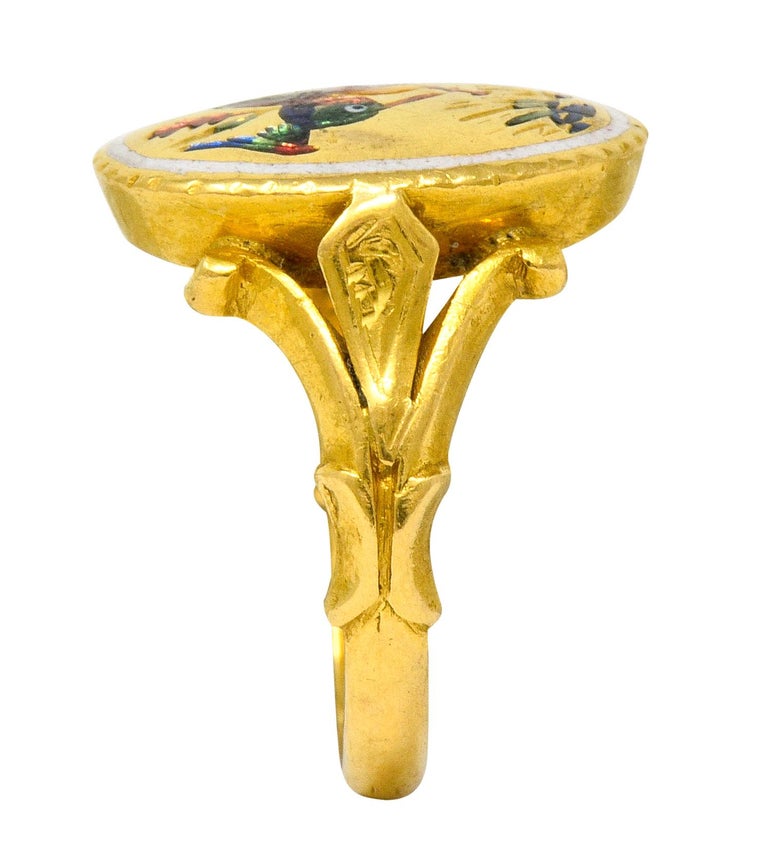 Victorian Enamel 24 Karat Yellow Gold Hummingbird Signet Ring at 1stDibs
