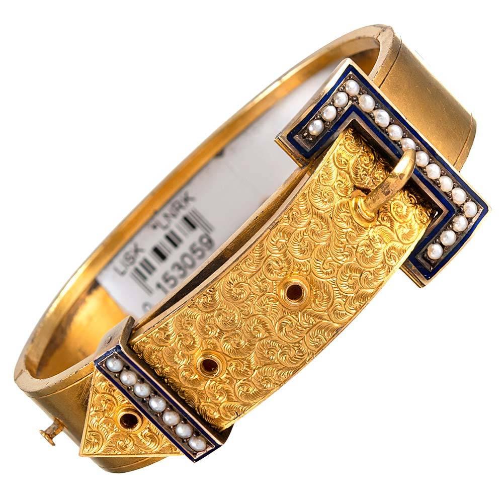 Victorian Enamel and Pearl Buckle Motif Bangle at 1stDibs