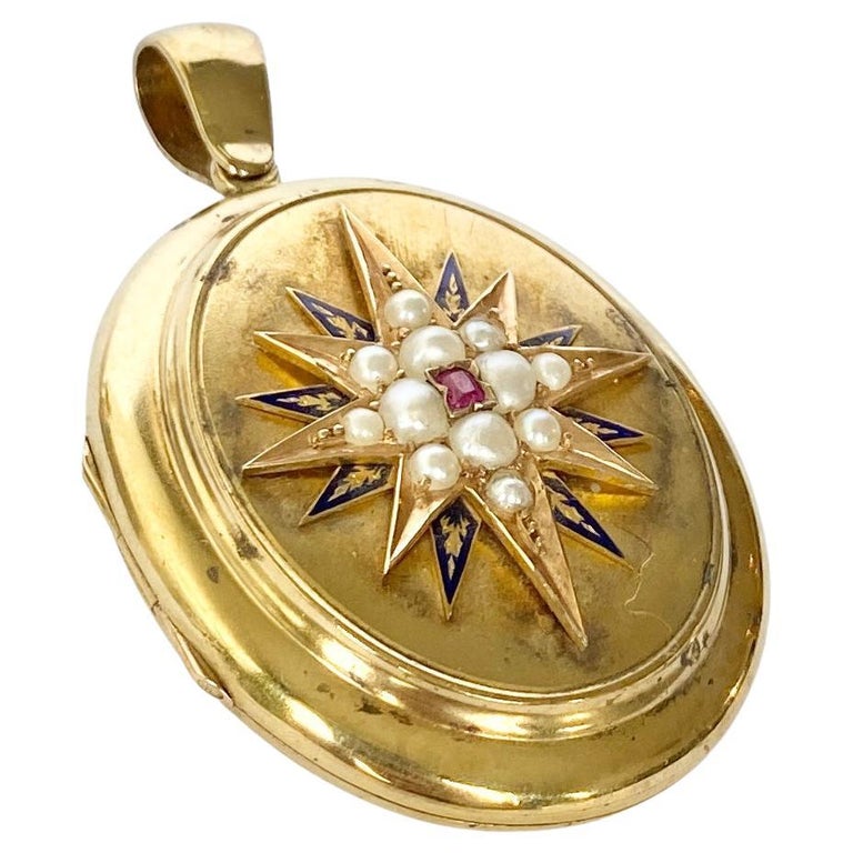 Victorian Enamel, Pearl and Ruby 18 Carat Gold Locket at 1stDibs