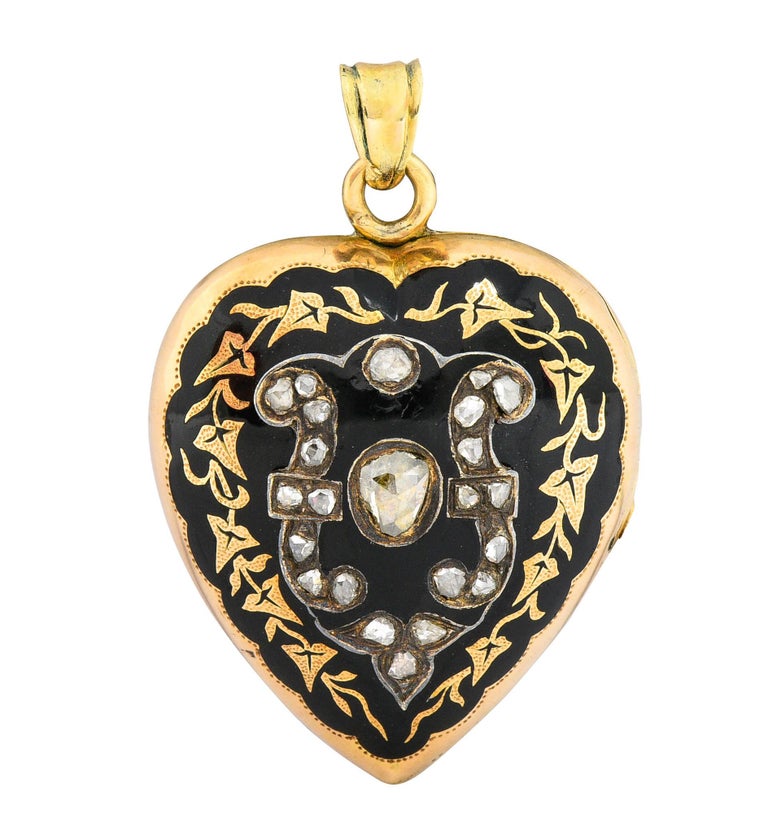 Victorian Enamel Rose Cut Diamond 14 Karat Gold Mourning Locket For ...