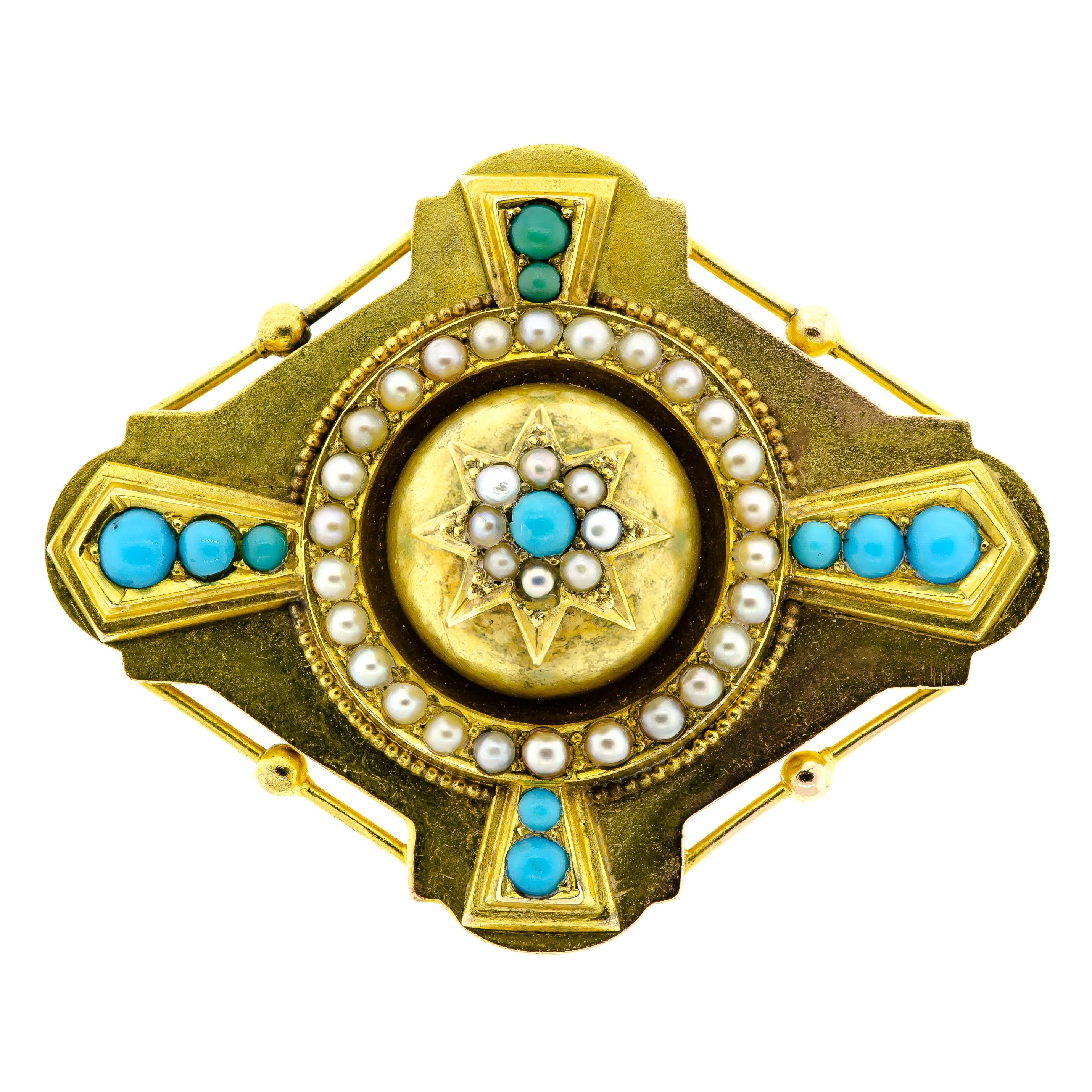 Victorian English 15 Karat Yellow Gold Turquoise and Pearl Brooch ...