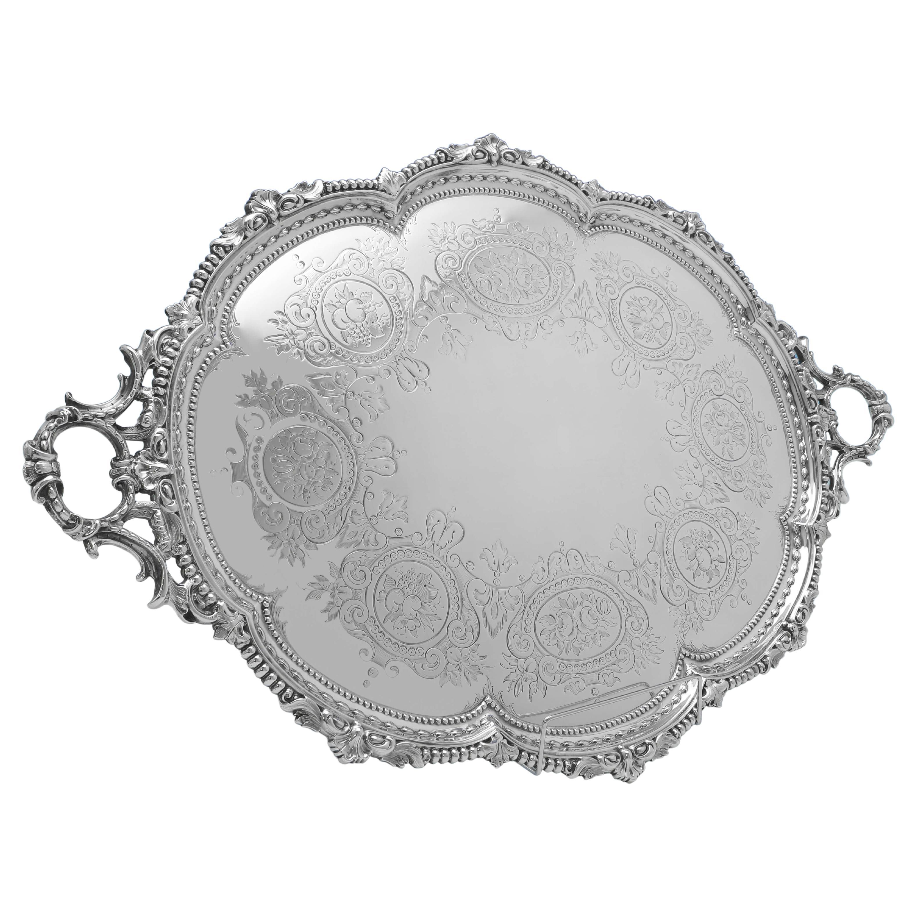 Antique English, Large Round Sterling Silver Tray For Sale at 1stDibs