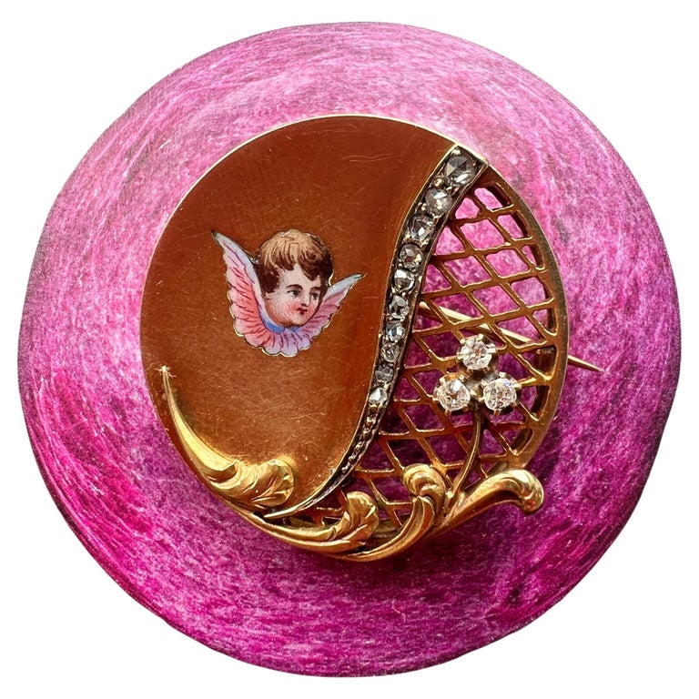 Victorian Era 14k Gold Diamond Enameled Angel Brooch For Sale at 1stDibs