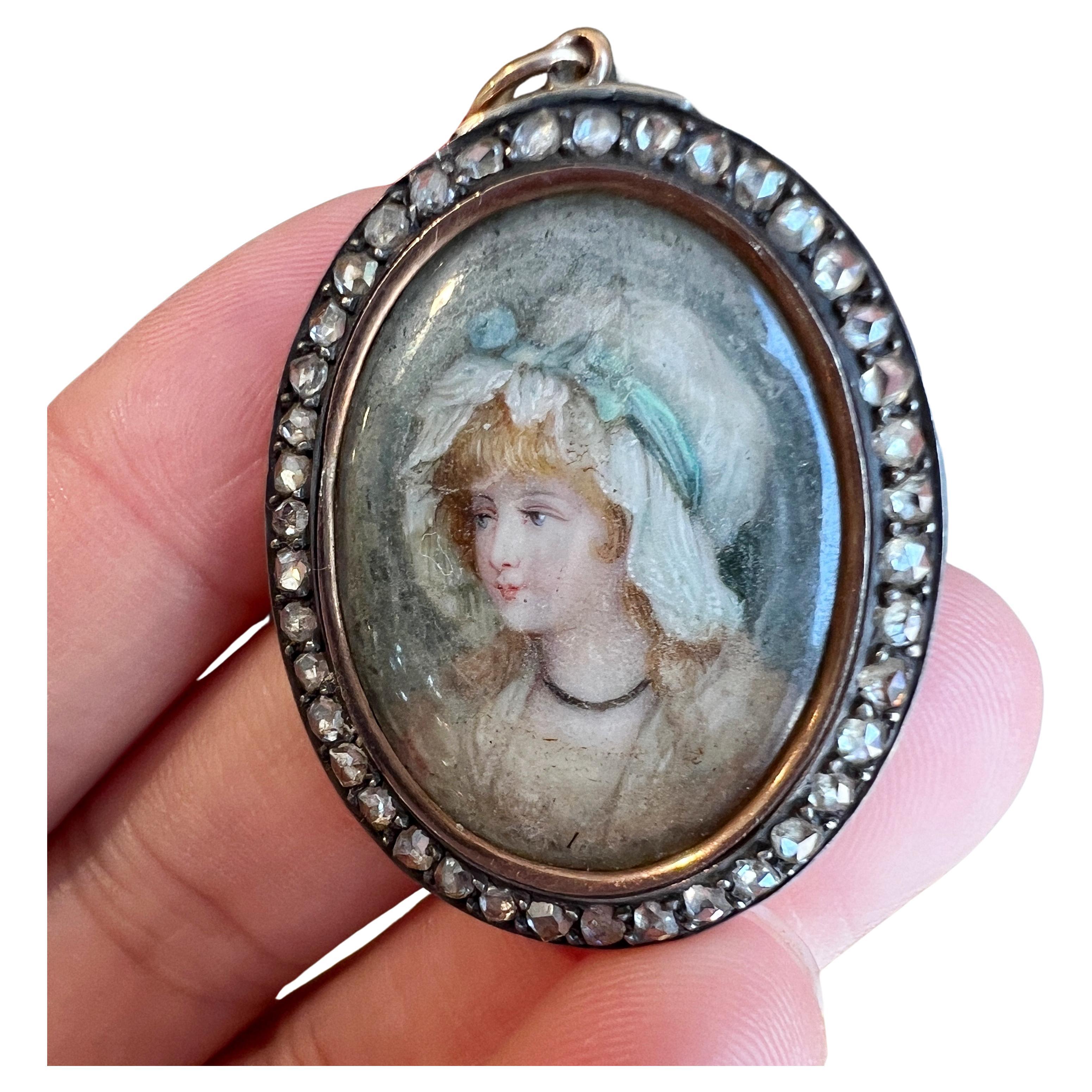 Victorian era 18K diamond miniature portrait pendant For Sale at 1stDibs