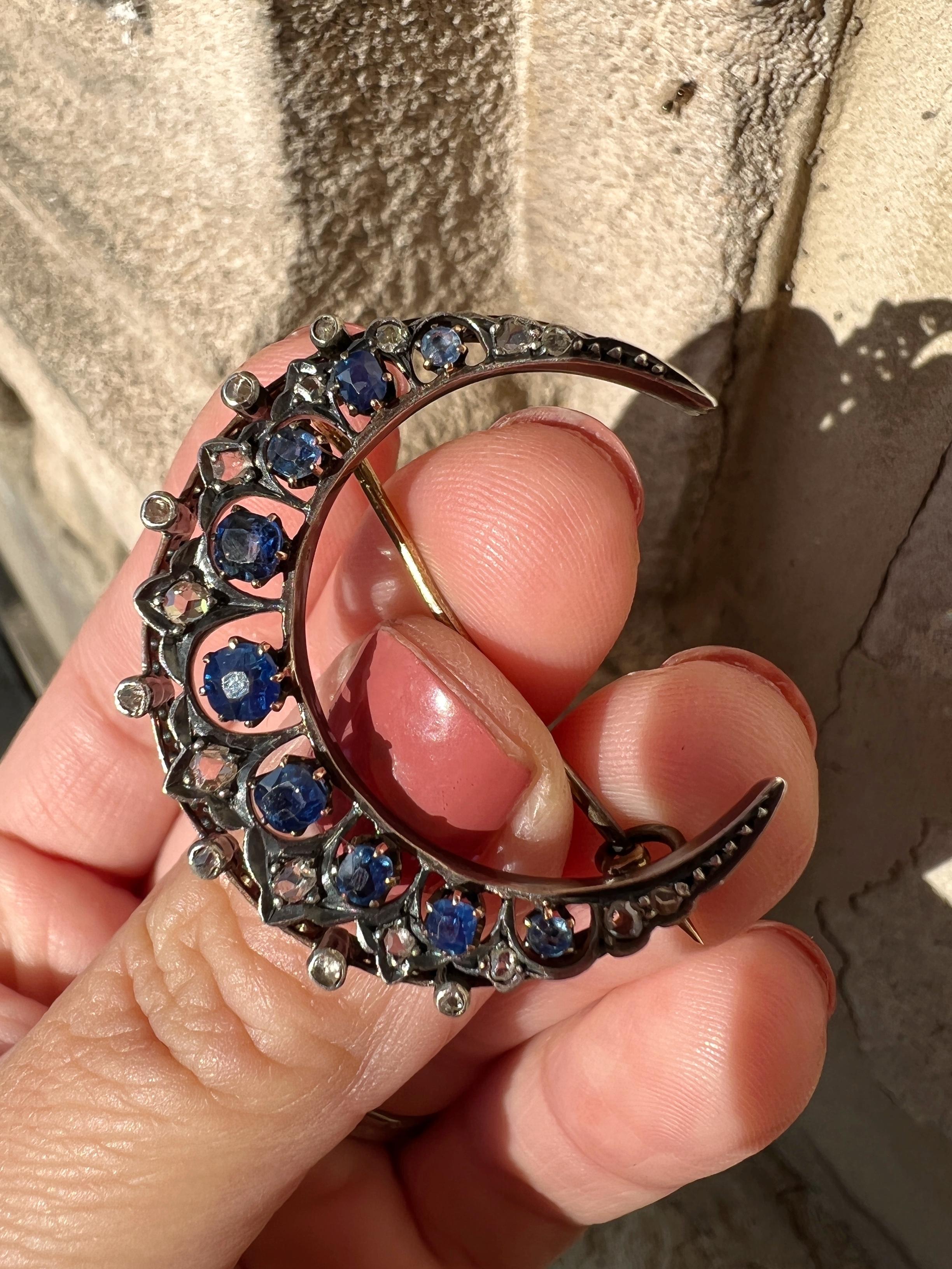 Victorian era 18K gold diamond blue sapphire crescent moon brooch at ...