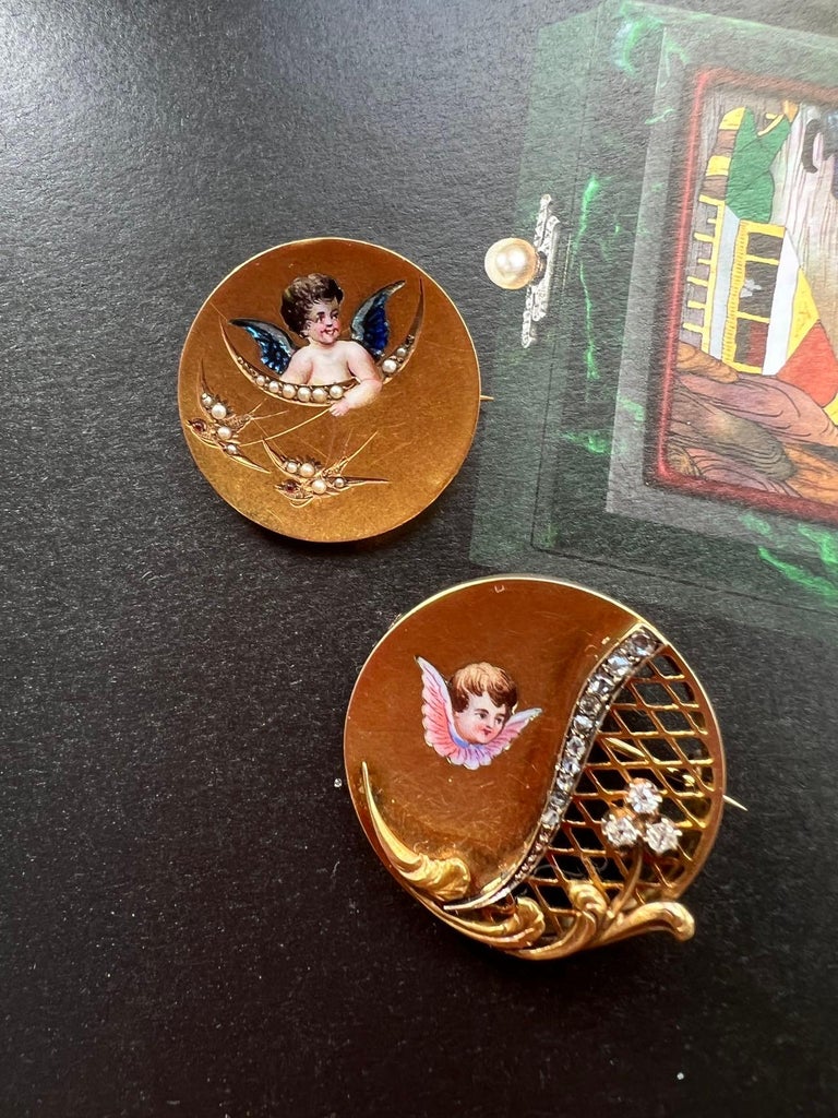 Victorian Era 18k Gold Enamel Angel and Swallow Pearl Brooch For Sale ...