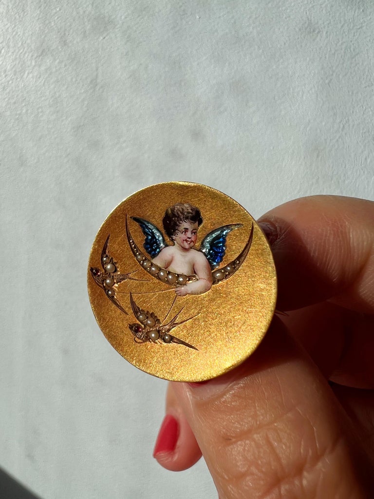 Victorian Era 18k Gold Enamel Angel and Swallow Pearl Brooch For Sale ...