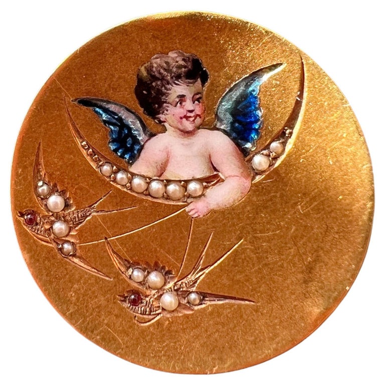 Victorian Era 18k Gold Enamel Angel and Swallow Pearl Brooch For Sale ...