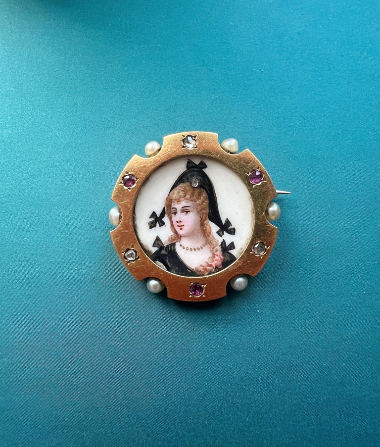 Victorian Era 18K Gold Miniature Portrait Brooch with Rubies Diamonds ...