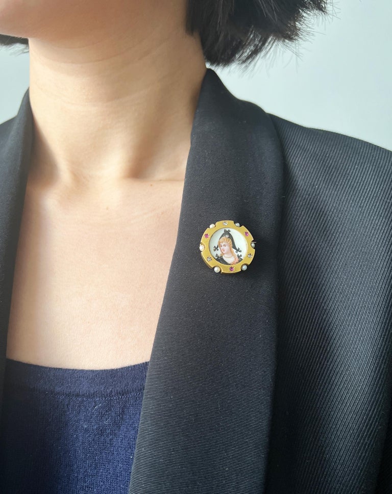 Victorian Era 18K Gold Miniature Portrait Brooch with Rubies Diamonds ...