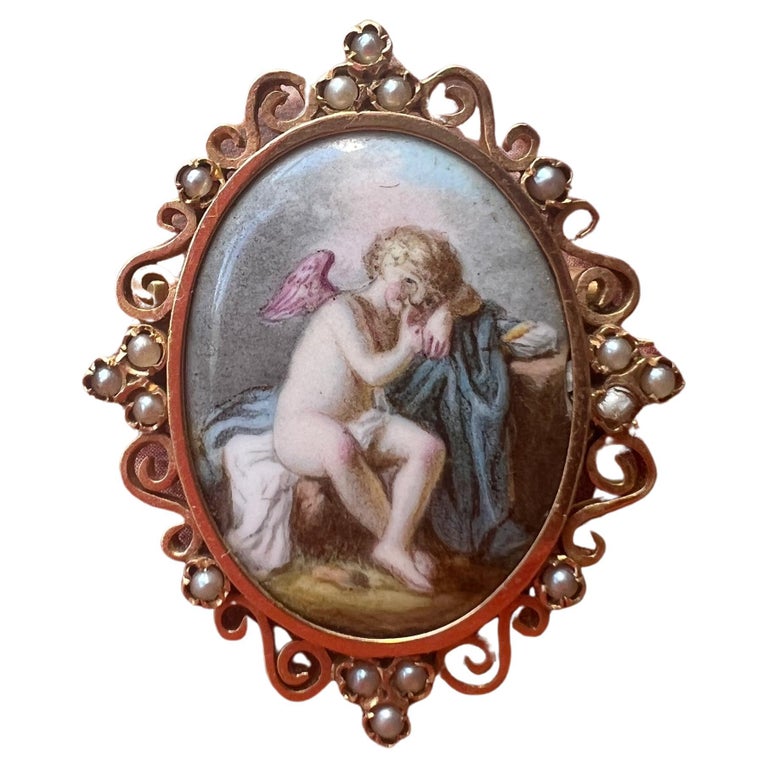 Victorian Era 18k Gold Natural Seed Pearls Angel Brooch For Sale at 1stDibs