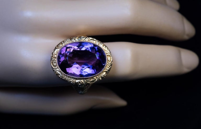 Victorian Era Antique Chased Gold Amethyst Unisex Ring at 1stDibs
