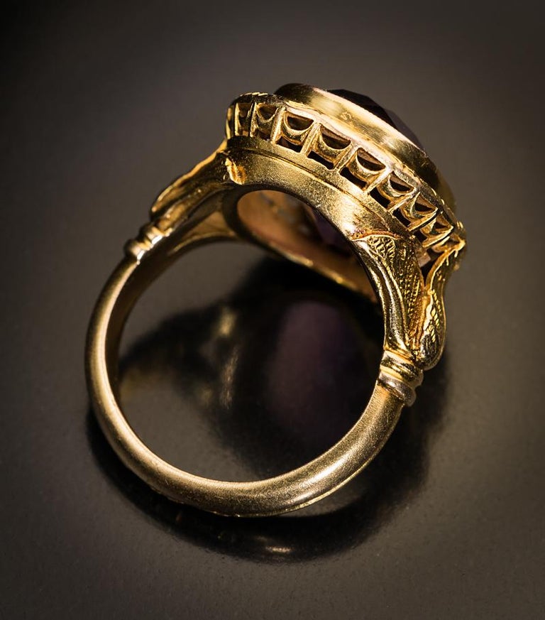 Victorian Era Antique Chased Gold Amethyst Unisex Ring at 1stDibs