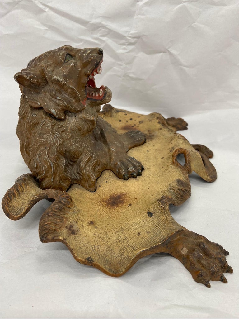 Victorian Era Cold Painted Spelter Figural Lion Inkwell and Pen Rest Sculpture For Sale at 1stDibs