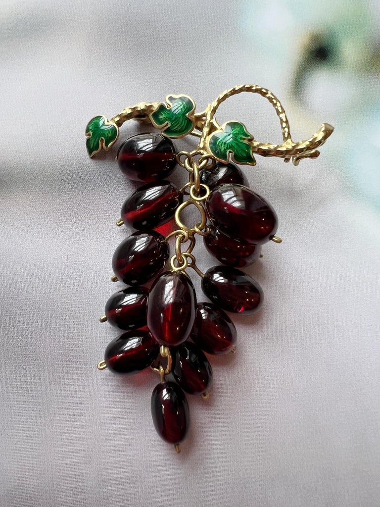 Victorian Era Large 18k Gold Garnet Enamel Grapes Brooch For Sale at ...