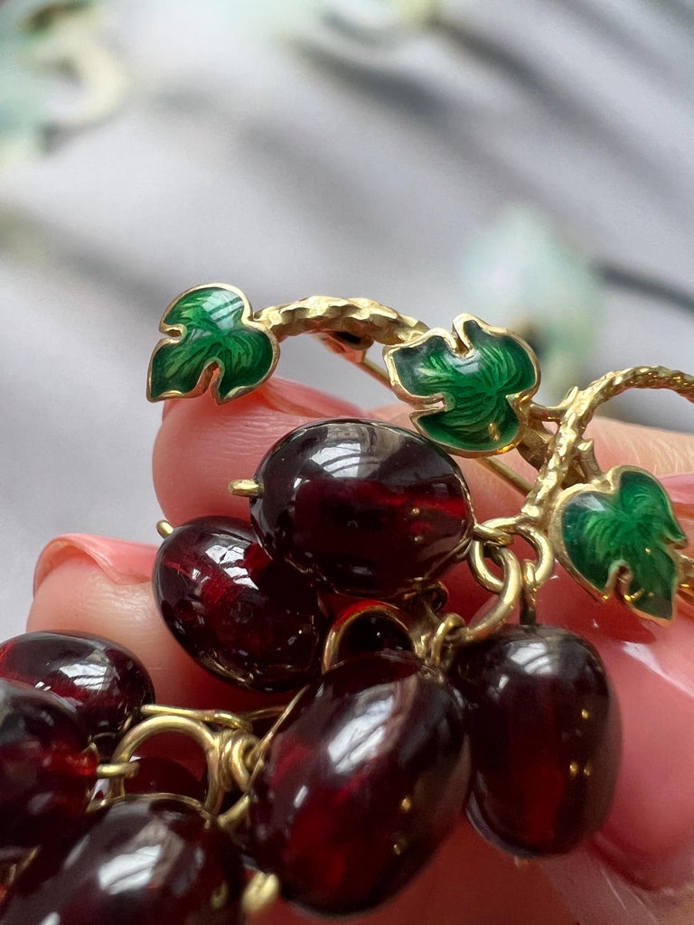 Victorian Era Large 18k Gold Garnet Enamel Grapes Brooch For Sale at ...