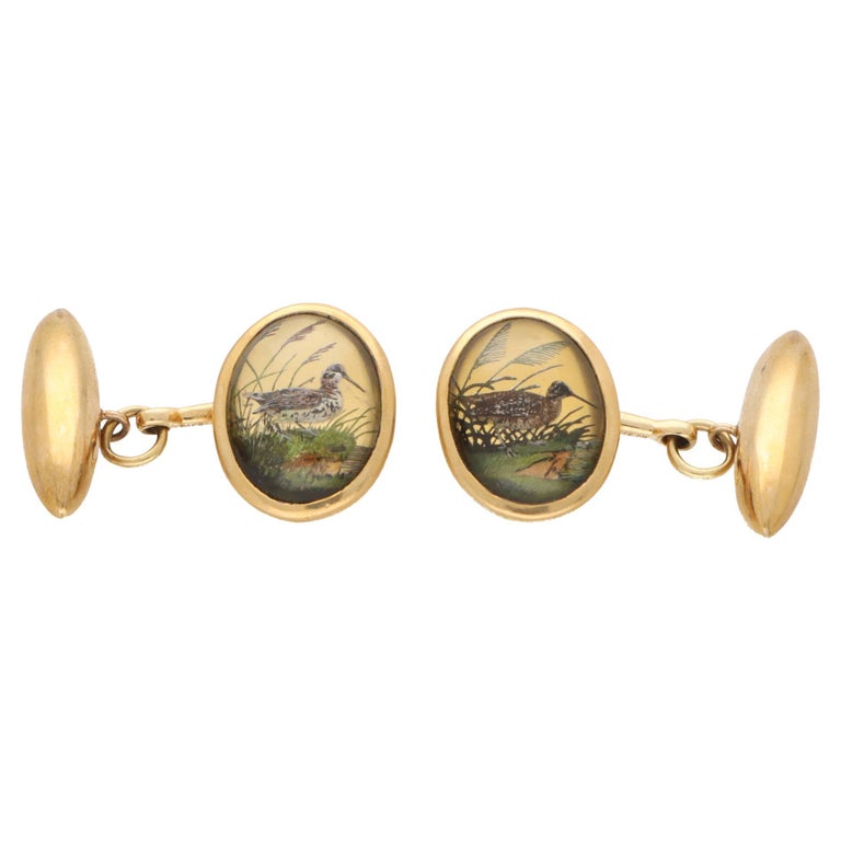 Victorian Essex Crystal Duck Scene Cufflinks in 18k Yellow Gold at 1stDibs