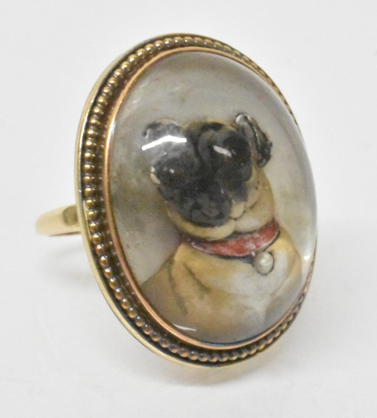 Victorian Essex Crystal Intaglio Reverse Painted Pug Ring 10K For Sale ...