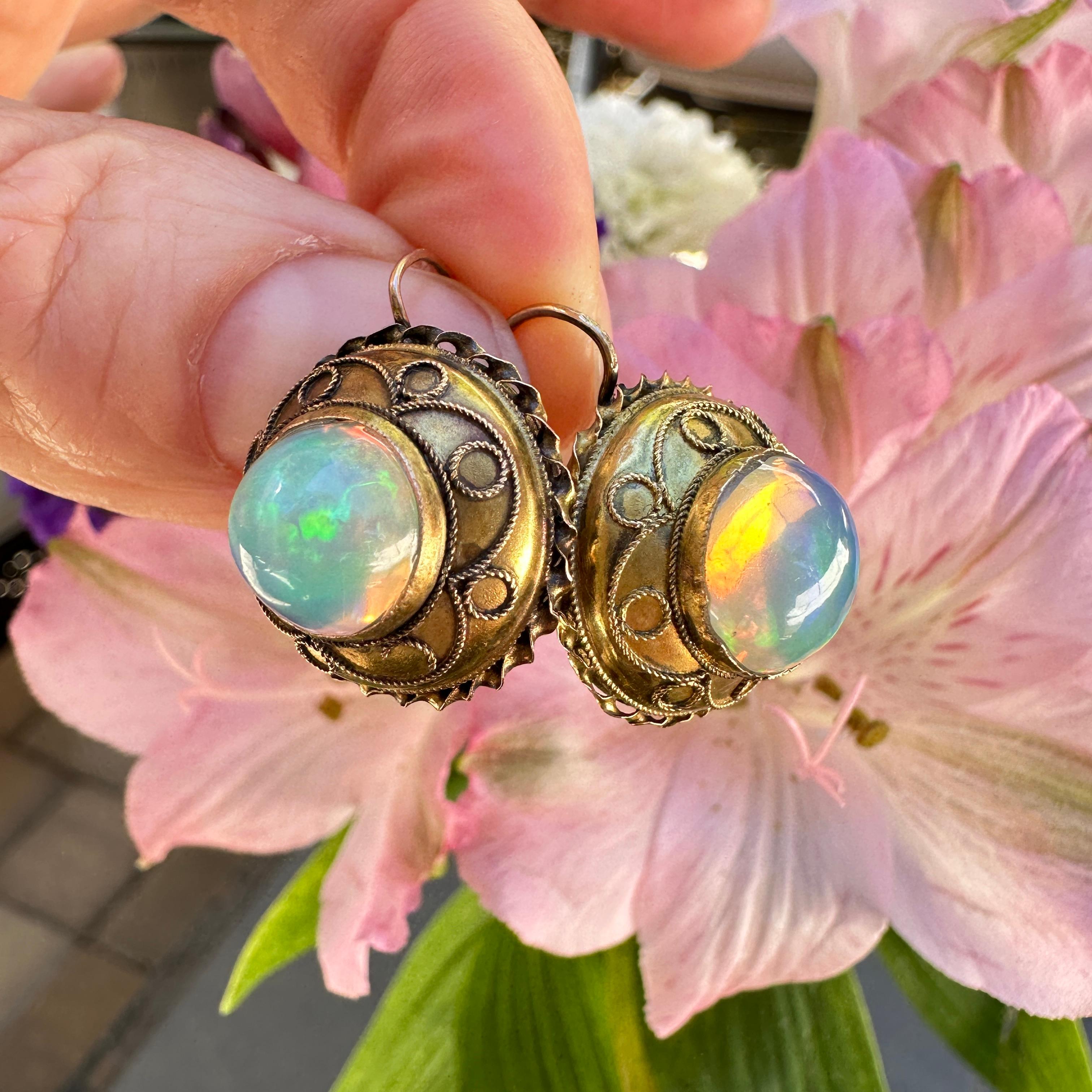 Victorian Etruscan Opal 14K Yellow Gold Earrings For Sale at 1stDibs
