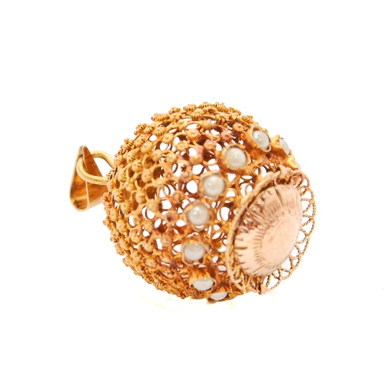 Victorian 14K Gold Openwork Filigree Pearl Pendant For Sale at 1stDibs