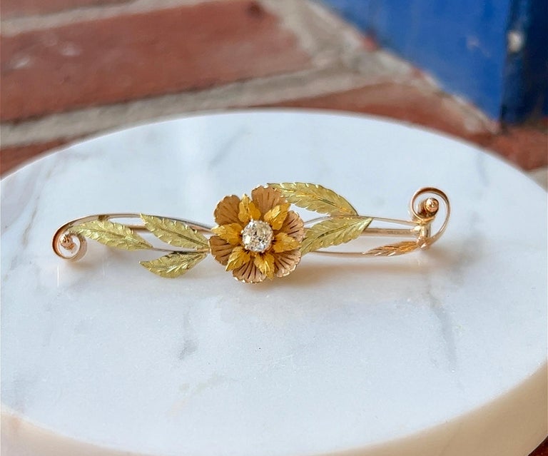 Victorian Floral Design Diamond Bar Pin in 14 Karat Gold For Sale at ...