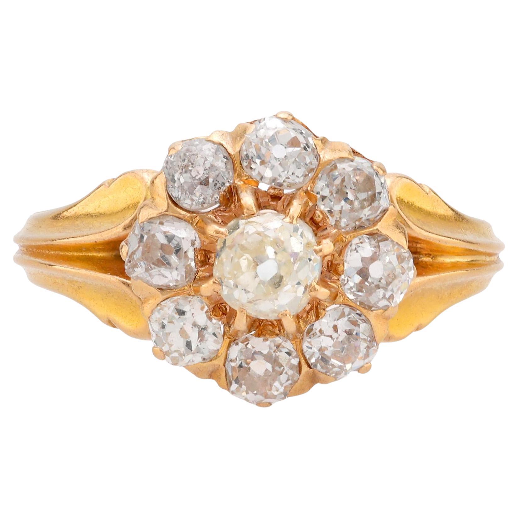 Victorian French diamond 18k yellow gold cluster ring For Sale at 1stDibs