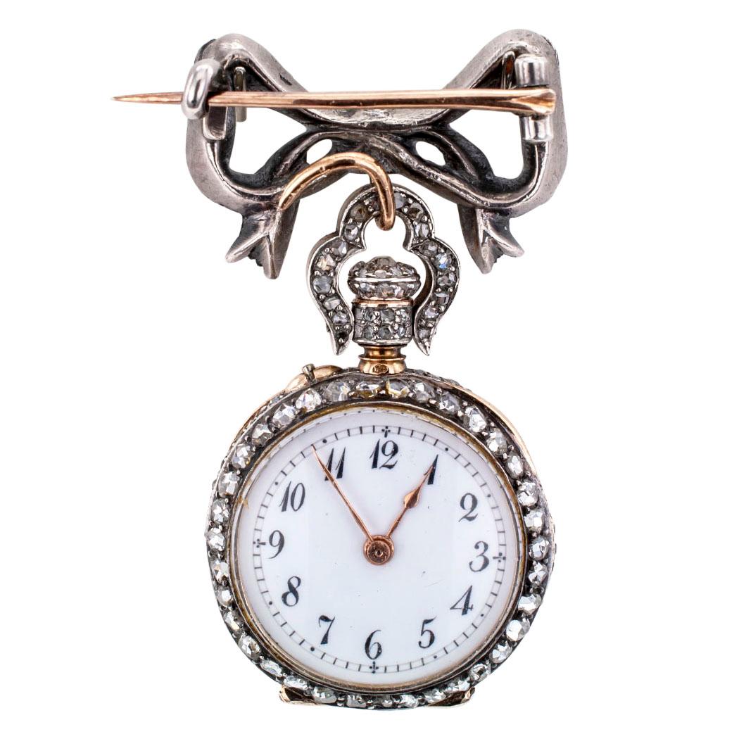 Victorian French Gold Silver Rose Cut Diamonds Brooch Watch at 1stDibs