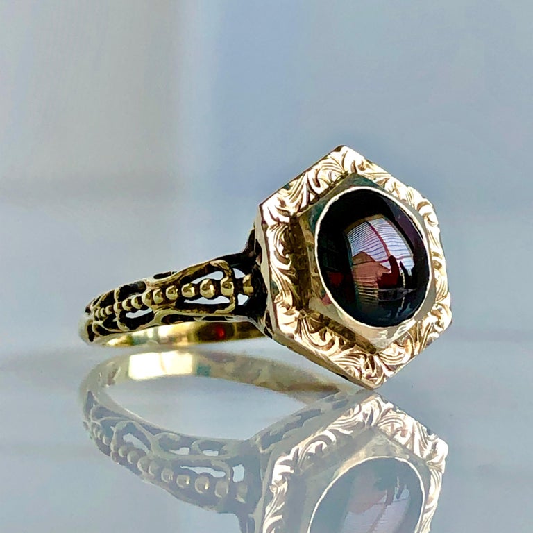 Victorian Garnet Cabochon 14k Filigree Ring For Sale at 1stDibs