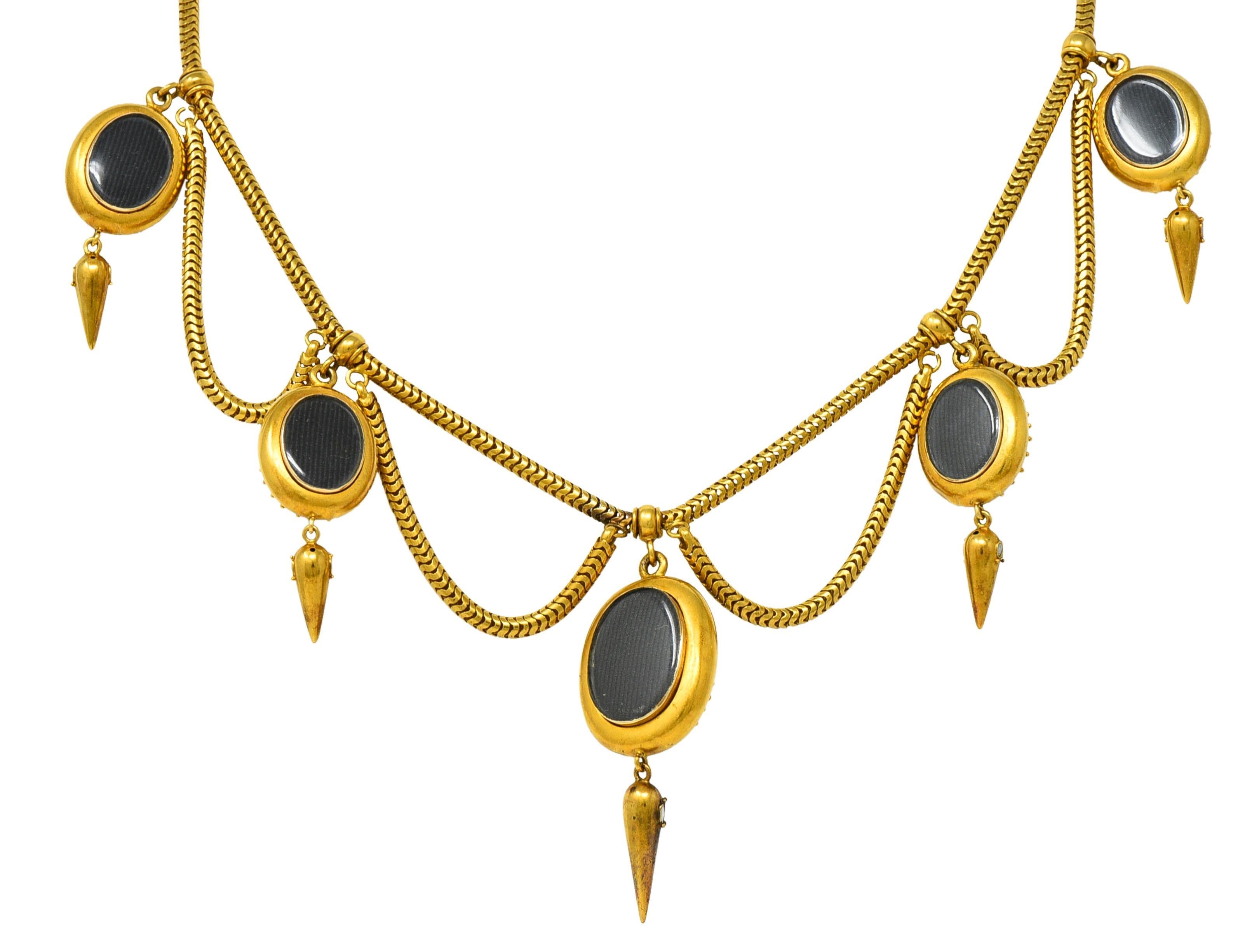 Victorian Garnet Enamel 18 Karat Yellow Gold Festoon Fringe Antique ...