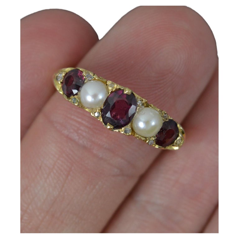 Victorian Garnet Pearl and Diamond 18ct Gold Five Stone Stack Ring For ...