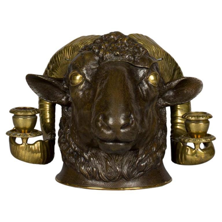 Victorian Gilt and Patinated Bronze Ram's Head Inkwell, 19th Century ...