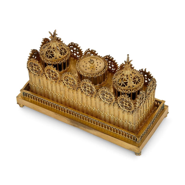 Victorian gilt inkstand desk set in the Gothic style For Sale at 1stDibs