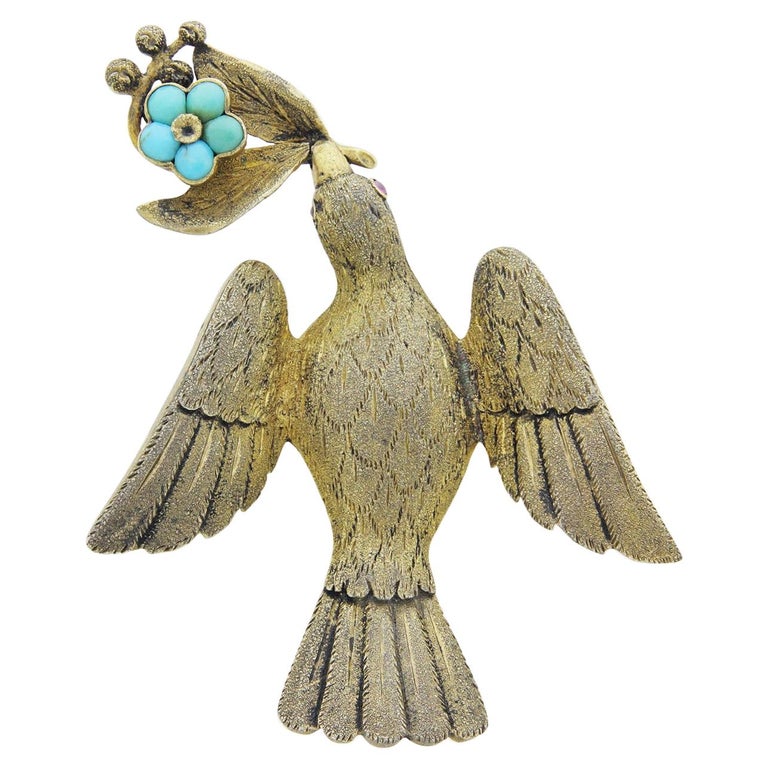 Victorian, Gilt Silver, Turquoise, and Ruby Dove Brooch at 1stDibs