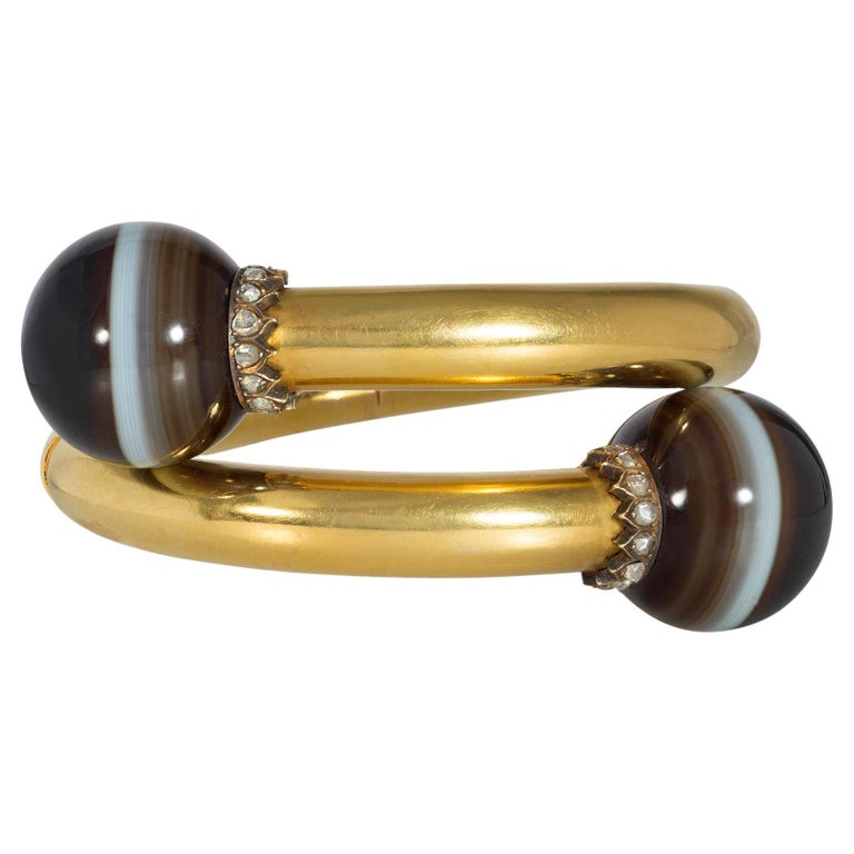 Victorian Gold and Banded Agate Bypass Bracelet with Rose Diamond ...