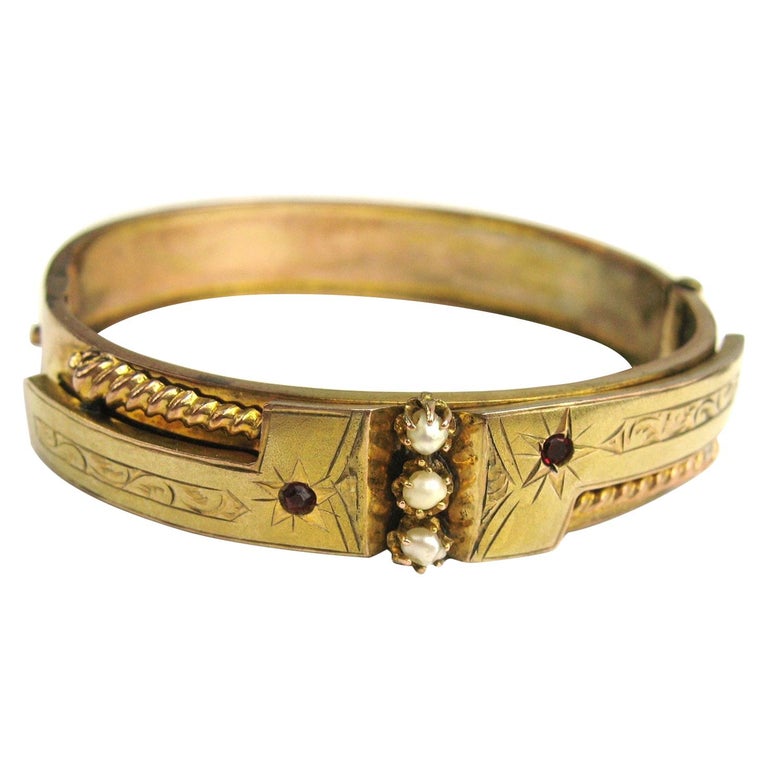 Victorian Gold Bangle Bracelet Rose and Yellow Gold Seed Pearl at 1stDibs