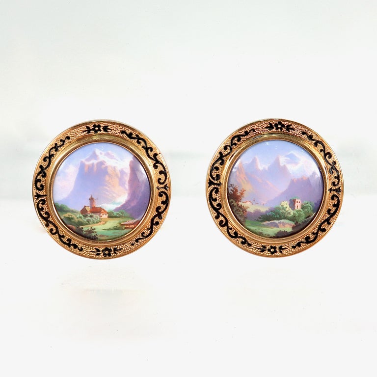 Victorian Gold and Enamel Lapel Buttons or Pins with Views of Lake ...