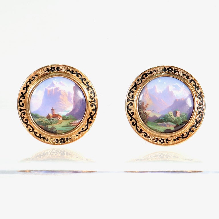 Victorian Gold and Enamel Lapel Buttons or Pins with Views of Lake ...