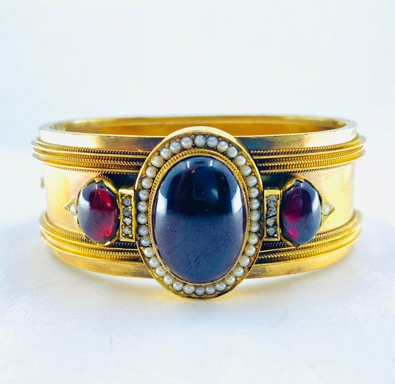 Victorian Gold Garnet Pearl Bracelet For Sale at 1stDibs