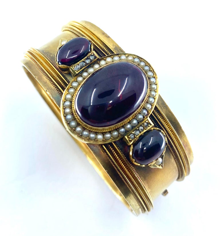 Victorian Gold Garnet Pearl Bracelet For Sale at 1stDibs
