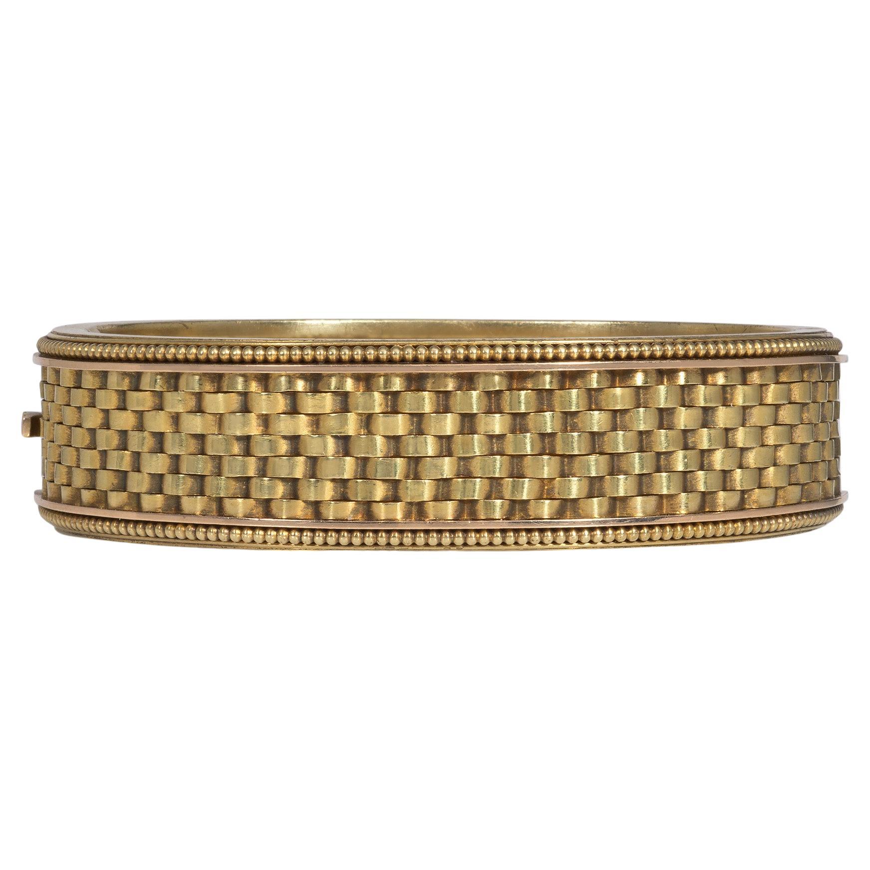 Victorian Gold Hinged Bangle Bracelet with Woven Lattice Design ...