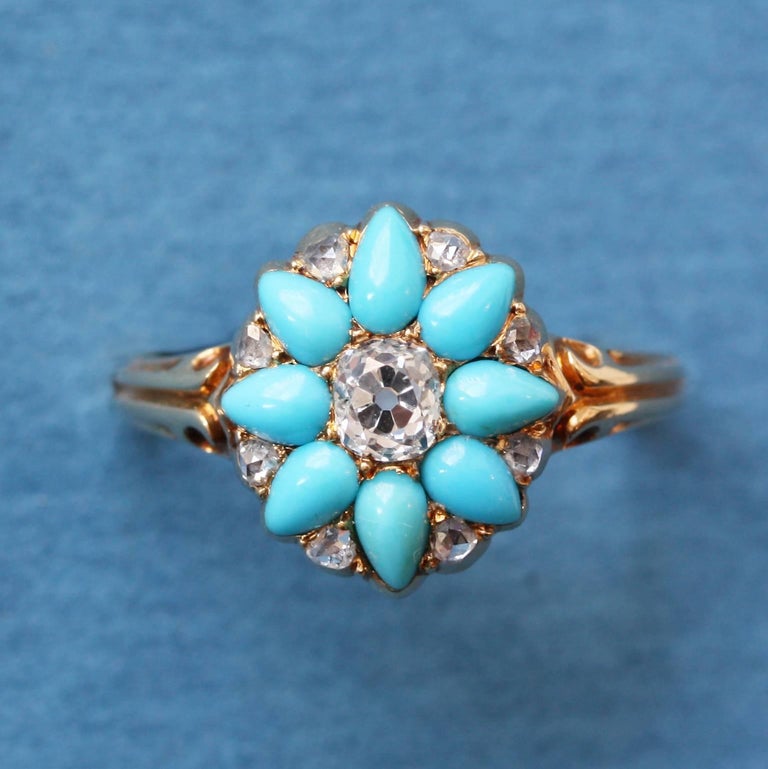 Victorian Gold Ring with a Turquoise and Diamond Flower at 1stDibs