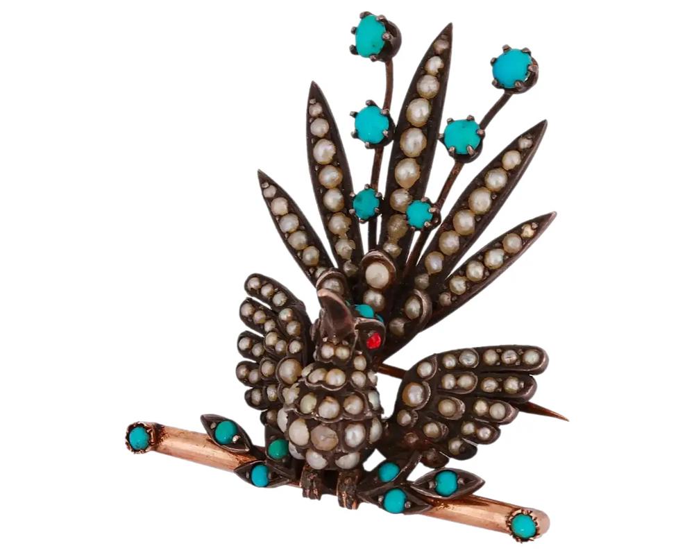 Victorian Gold, Silver, Pearls, Turquoise Brooch For Sale at 1stDibs