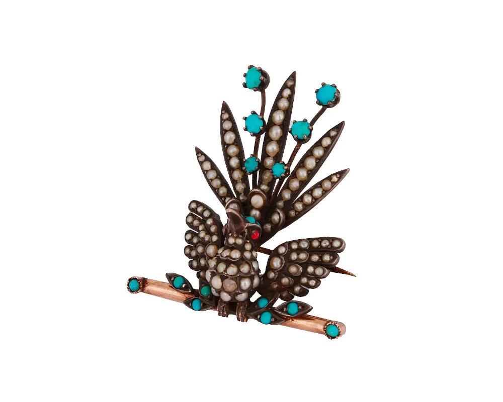 Victorian Gold, Silver, Pearls, Turquoise Brooch For Sale at 1stDibs