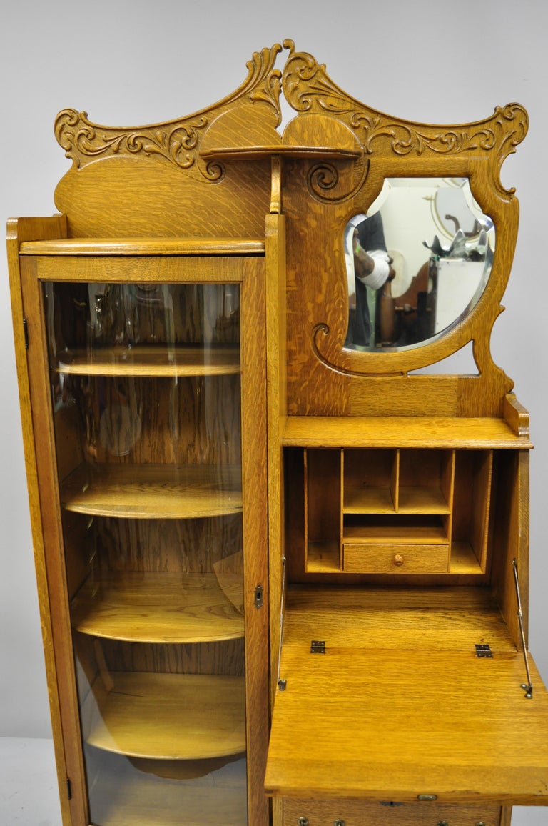 Victorian Golden Oak Side by Side Bow Glass Curio Secretary Desk ...