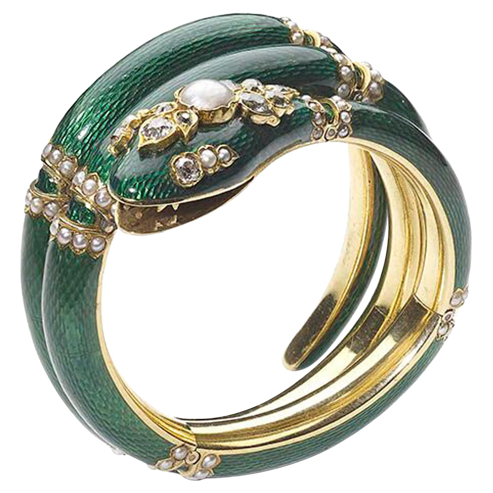 Victorian Green Enamel, Pearl, Diamond and Gold Snake Bangle For Sale ...