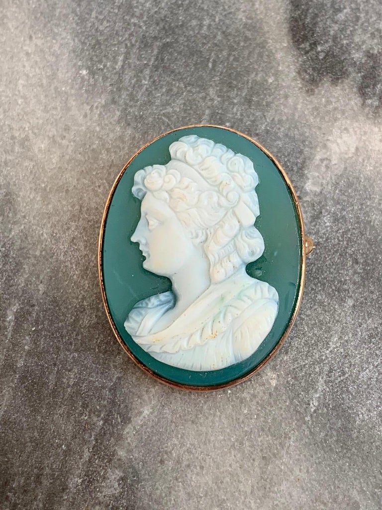 Victorian Green Onyx Hard Stone Cameo 14 Karat Yellow Gold Brooch Pin ...