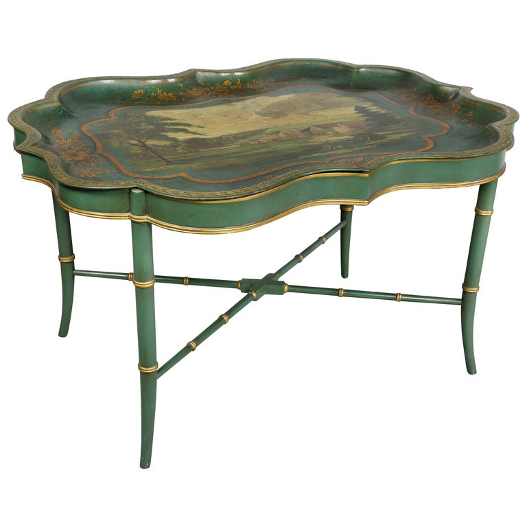 Victorian Green Painted Tole Tray Table For Sale at 1stDibs