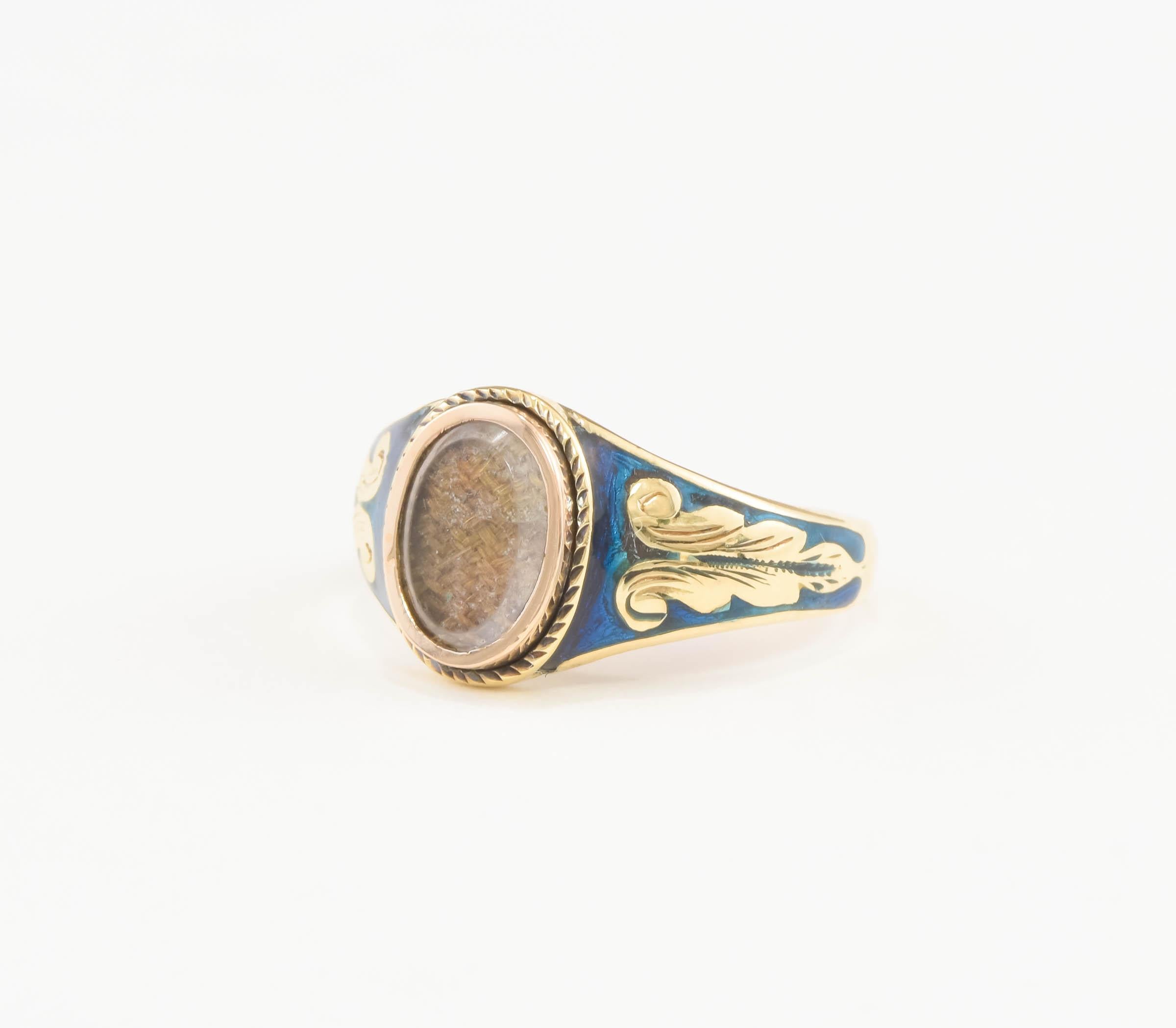Victorian Hair Locket Ring with Blue Enamel For Sale at 1stDibs